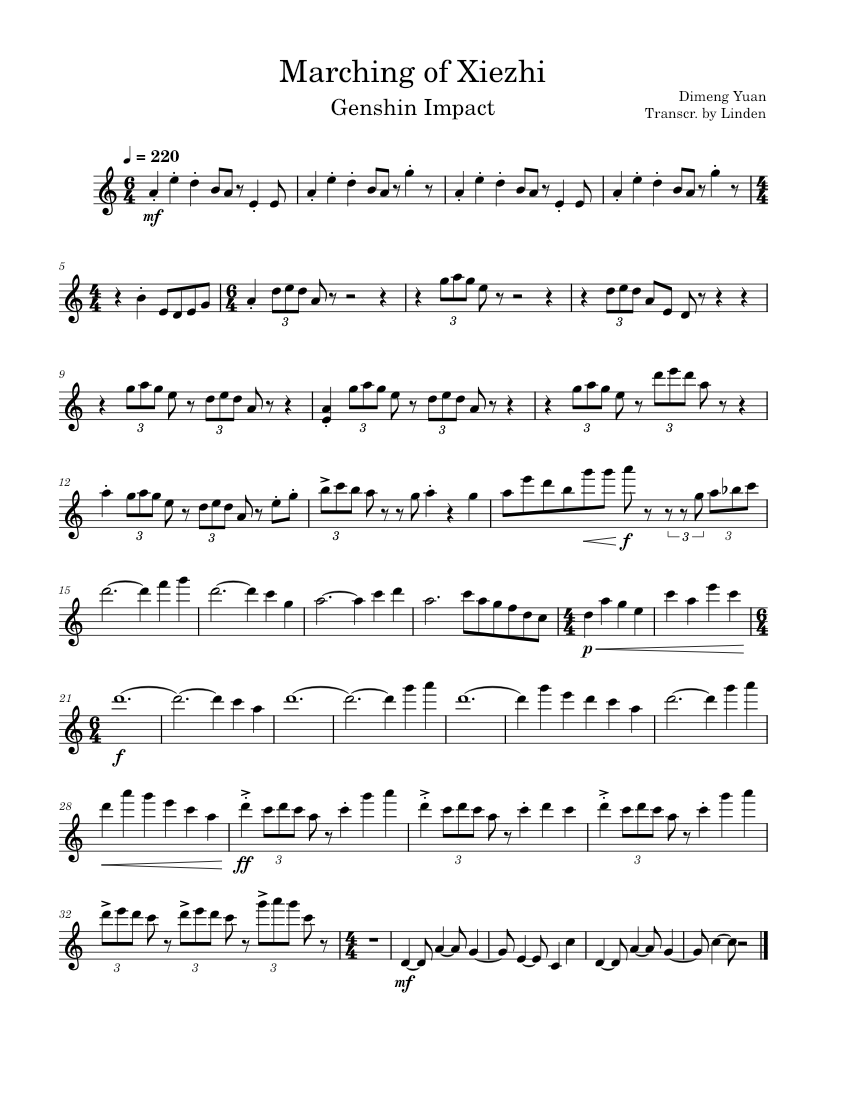 Marching of Xiezhi – Dimeng Yuan from Genshin Impact Sheet music for ...