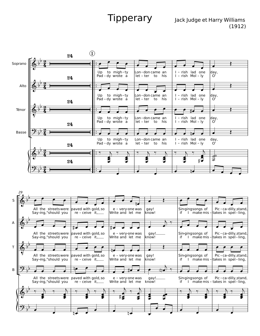 Its a long way to tipperary - Jack Judge Sheet Music for Piano ...