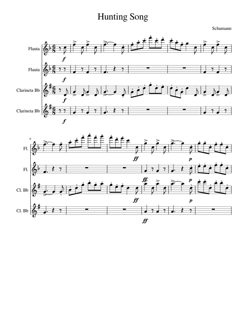 Hunting Song Sheet music for Flute, Clarinet in b-flat (Mixed Quartet ...