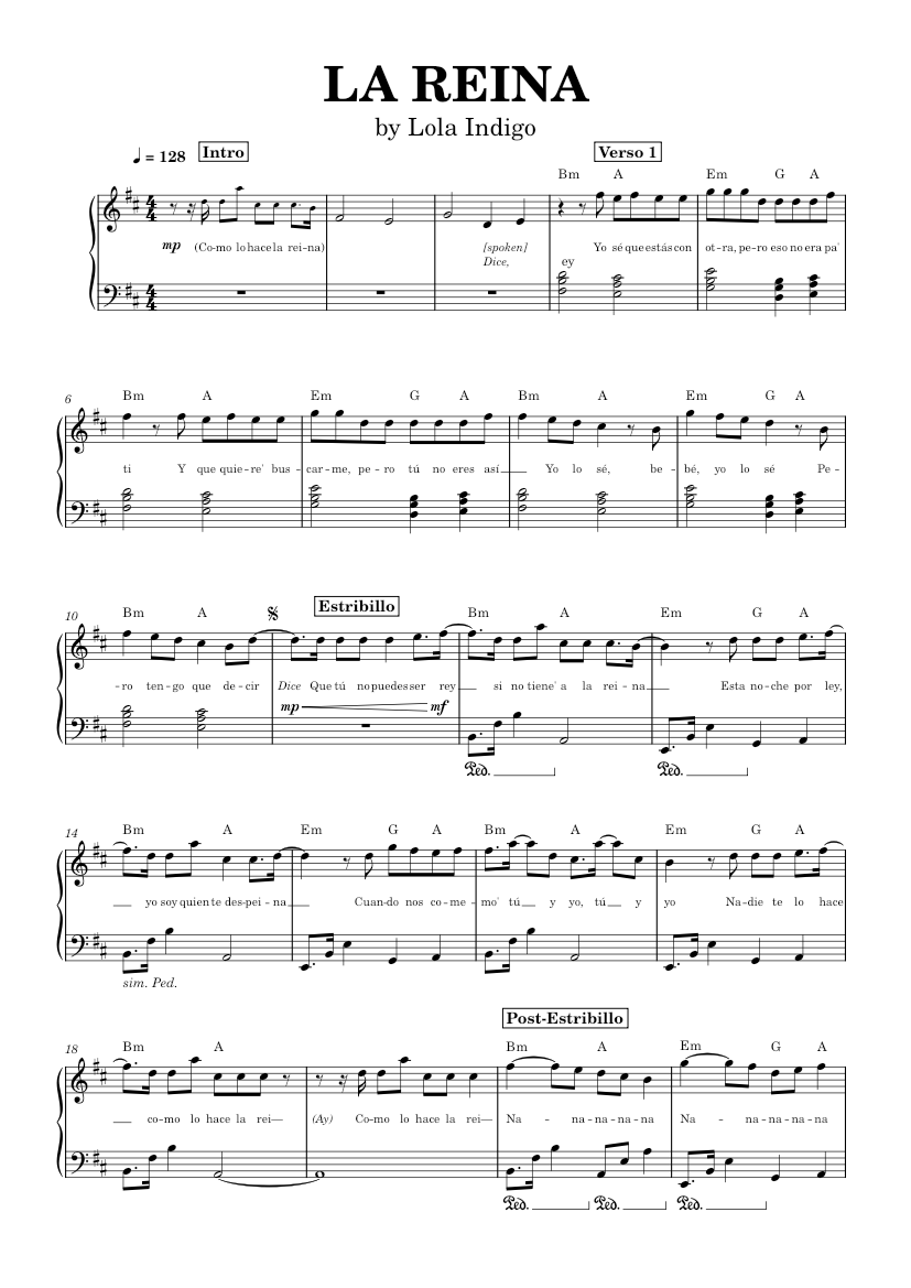 Play Official version of LA REINA Sheet Music by Lola Indigo for Piano ...