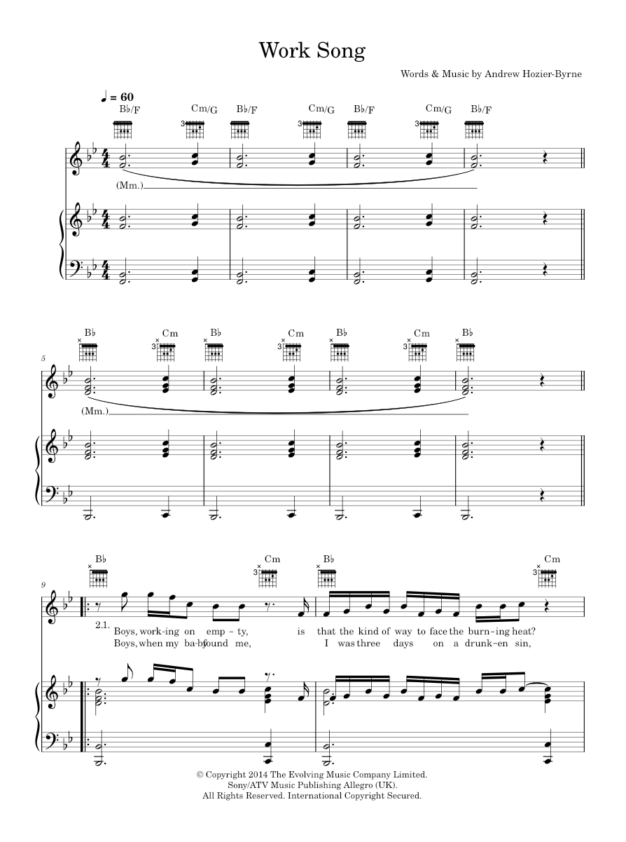 Play Official version of Work song Sheet Music by Hozier for Piano ...