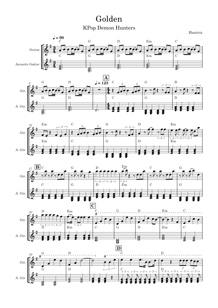 Golden - Huntrix KPop Demon Hunters - Guitar Melody & Rhythm Sheet ...