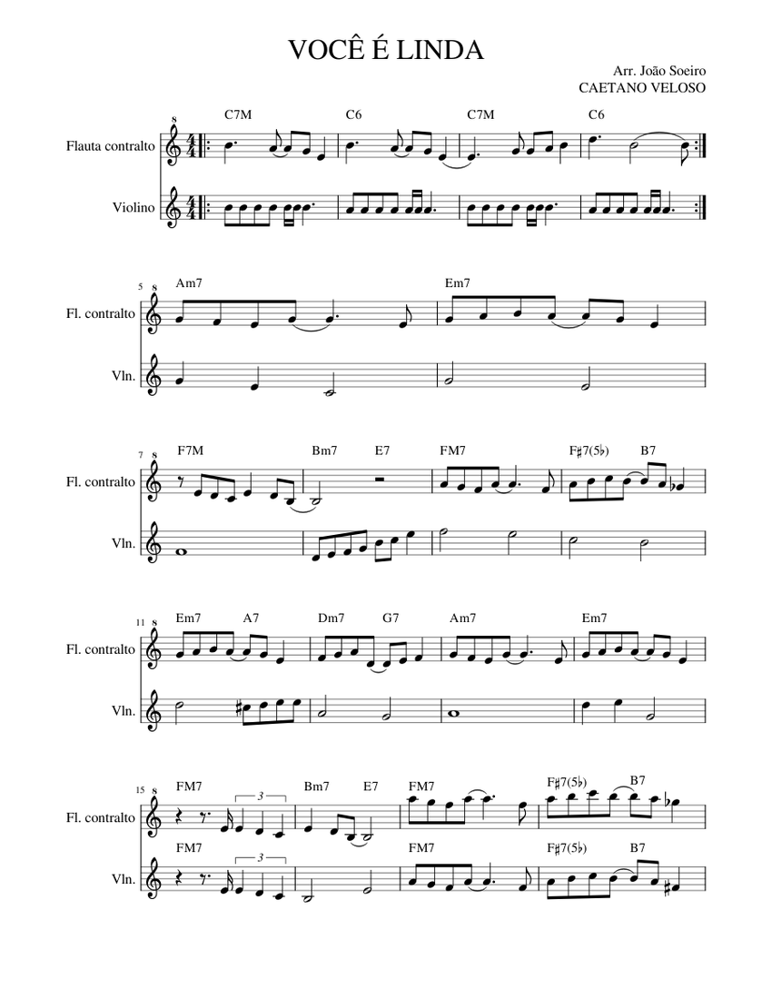 VOCÊ_É_LINDA Sheet music for Violin, Recorder (Mixed Duet) | Musescore.com