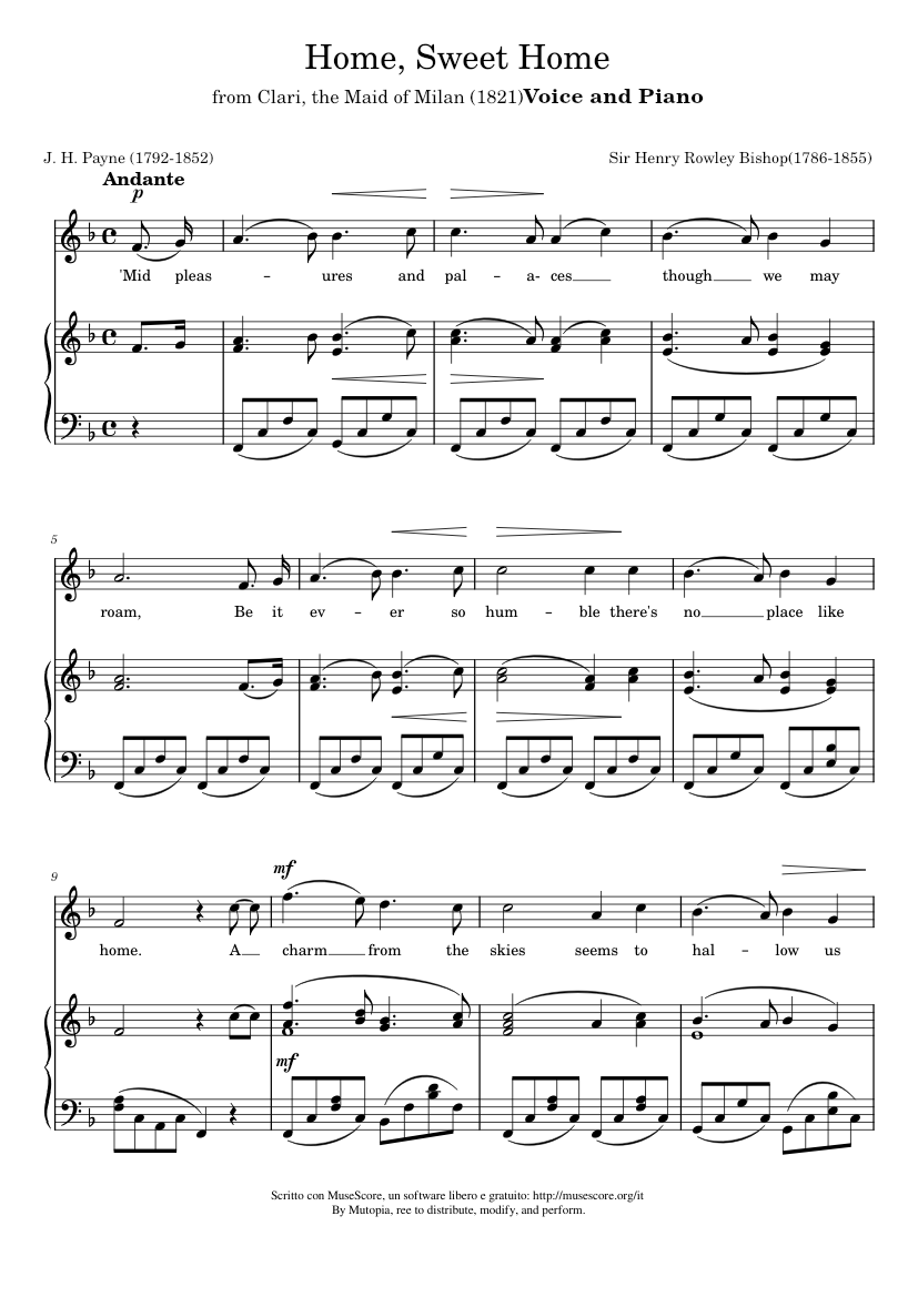 Home, Sweet Home Sheet Music for Piano, Vocals (Piano-Voice ...