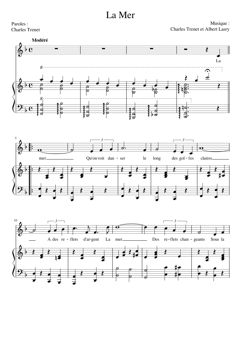 La Mer – Charles Trenet Sheet Music for Piano, Vocals (Piano-Voice ...