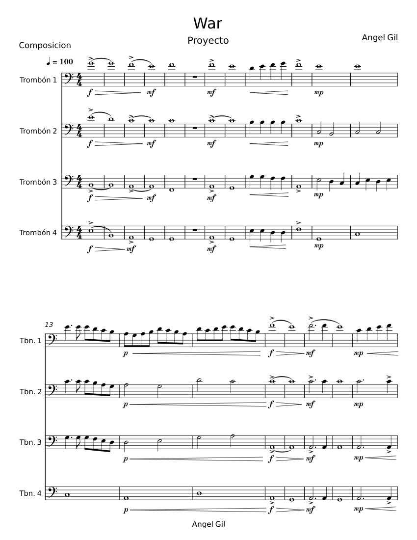 War Sheet music for Trombone (Mixed Quartet) | Musescore.com