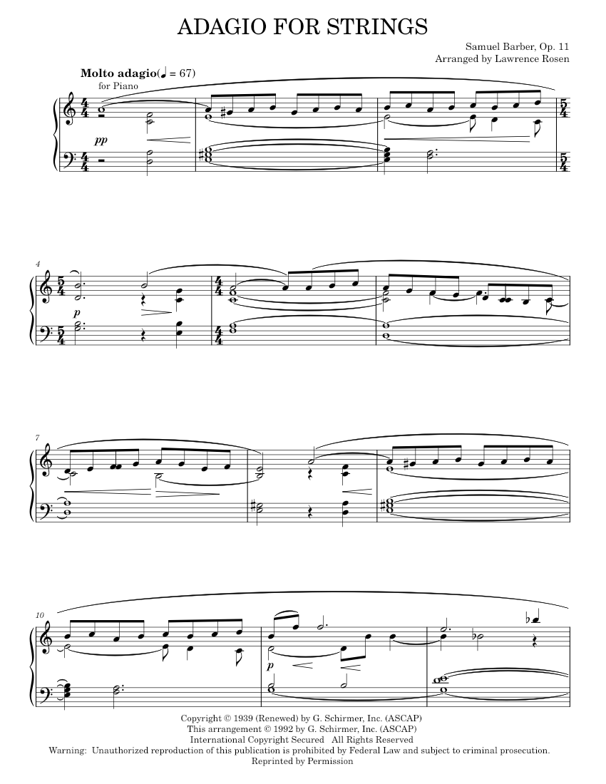 Adagio for Strings Sheet music for Piano by Samuel Barber Official ...