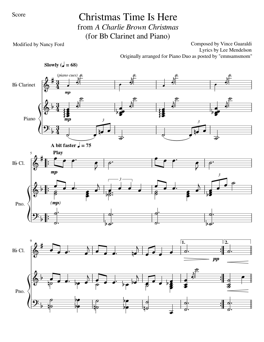 Christmas Time Is Here – Vince Guaraldi (Bb Clarinet and Piano) Sheet Music for Piano, Clarinet ...