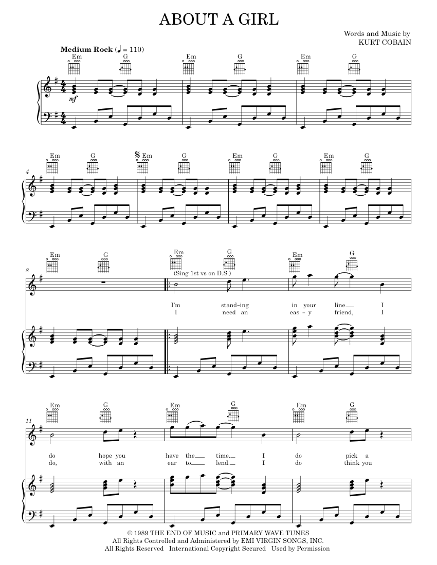 Play Official version of About a girl Sheet Music by Nirvana for Piano ...