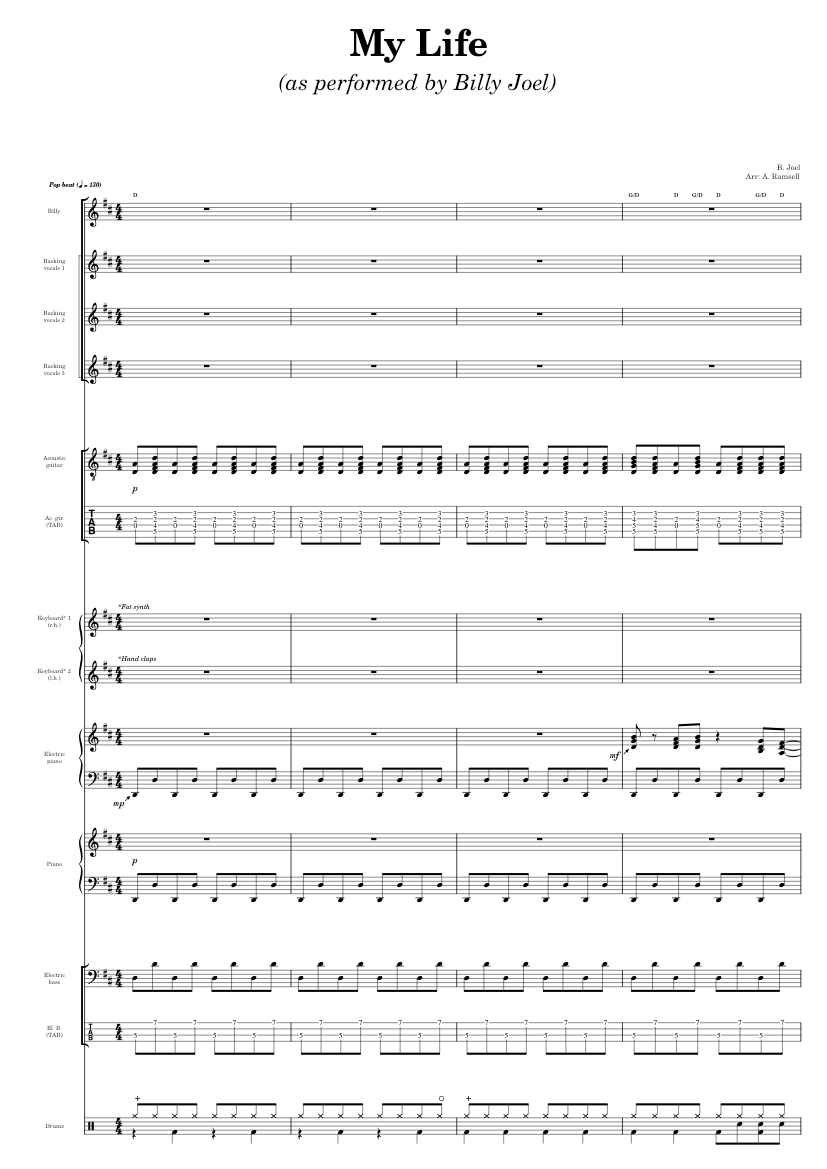 My Life – Billy Joel Sheet Music for Piano, Vocals, Guitar, Bass guitar ...