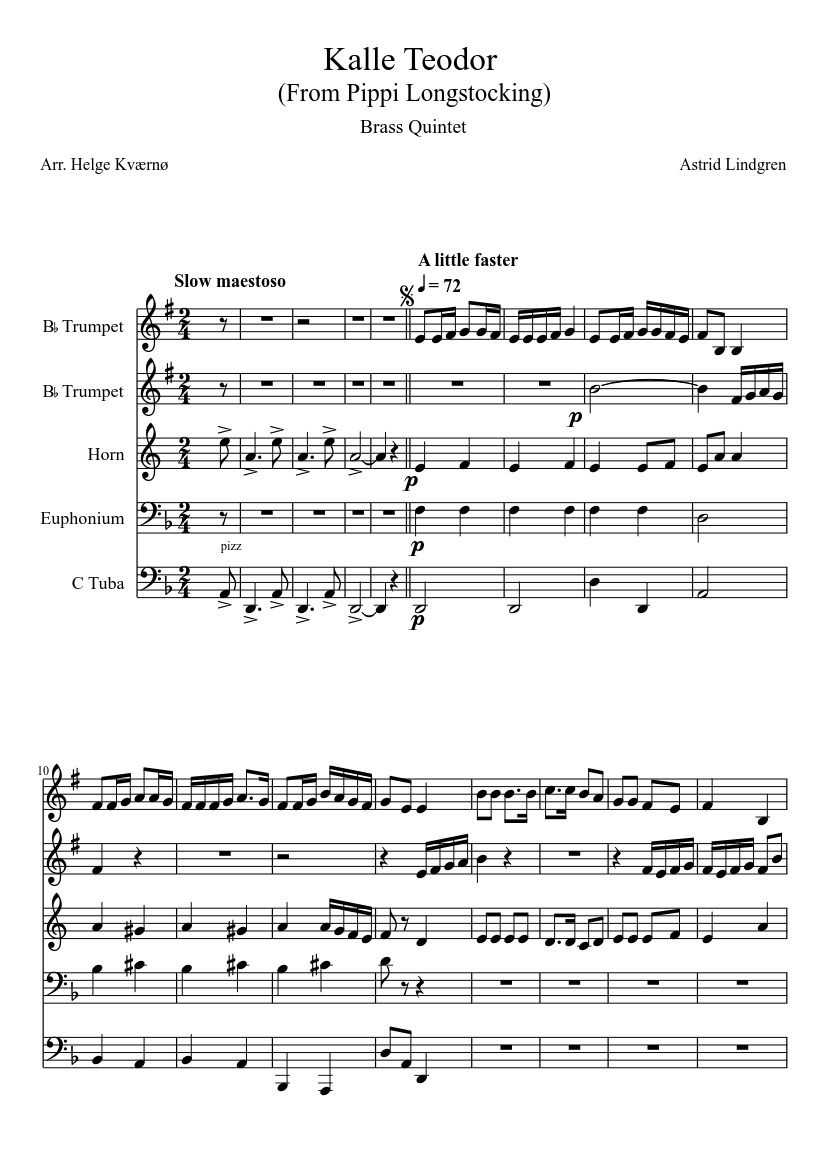 Kalle Teodor (From Pippi Longstocking) Sheet music for Tuba, Trumpet ...