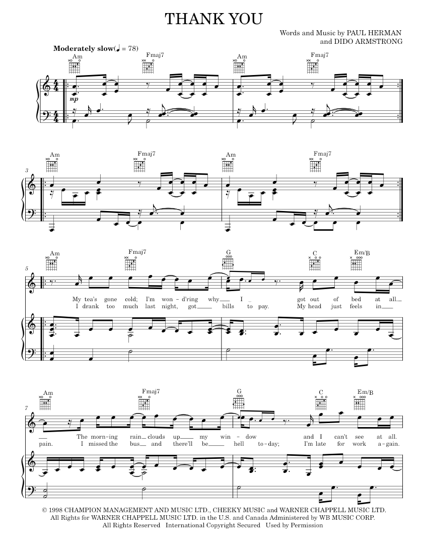 thank you Sheet music for Piano, Vocals by Dido Official | MuseScore.com