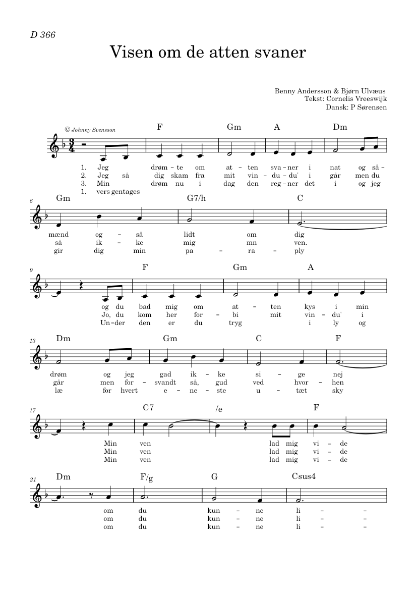 Visen om de atten svaner – Benny Andersen Bjørn Ulvæus Sheet Music for ...