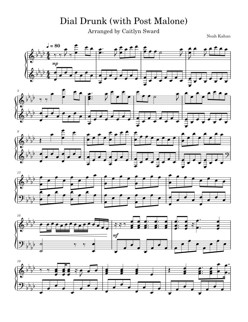 Dial Drunk - Noah Kahan (with Post Malone) Piano Sheet Music Sheet ...