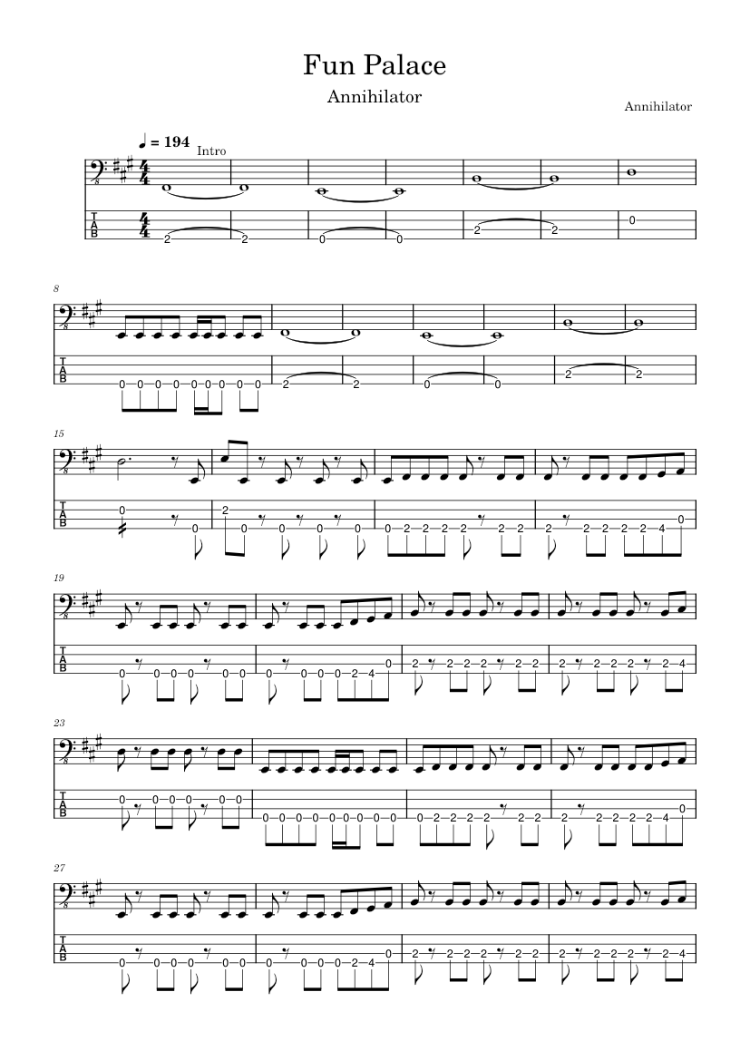 Fun Palace - Annihilator Sheet music for Bass guitar (Solo) | Musescore.com