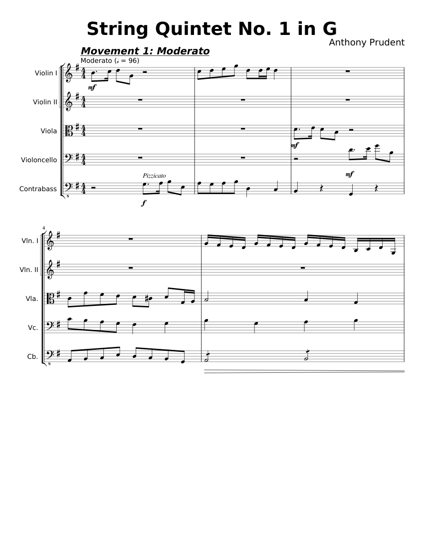 String Quintet No. 1 in G Sheet music for Contrabass, Violin, Viola, Cello (String Orchestra ...