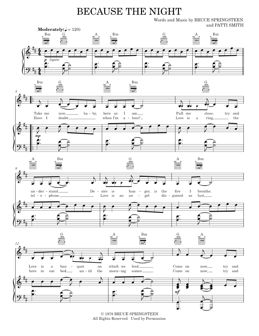 Play Official version of Because the night Sheet Music by Patti Smith ...