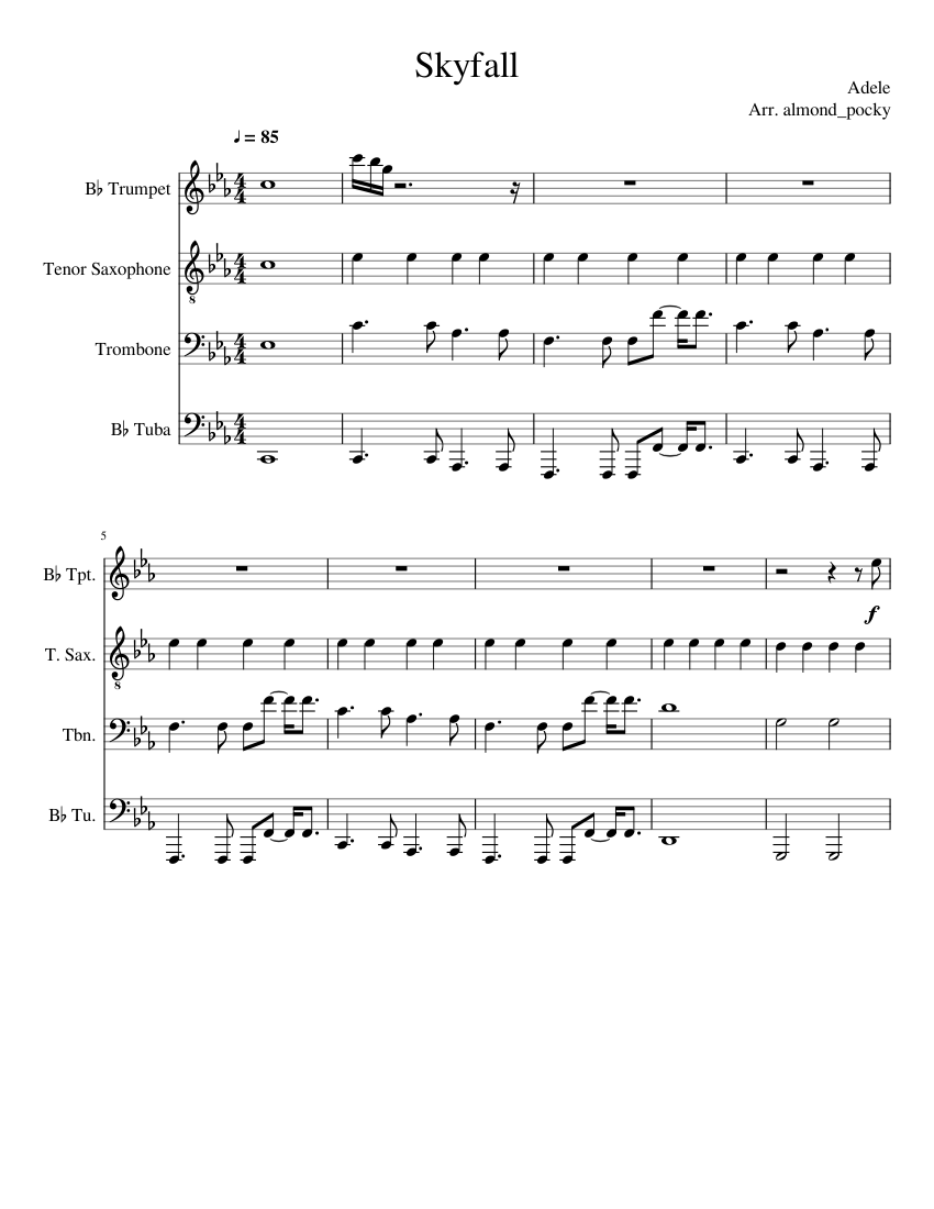 Skyfall Sheet music for Trombone, Tuba, Saxophone tenor, Trumpet in b ...