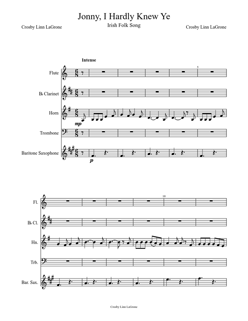 Johnny, I Hardly Knew Ye Sheet music for Trombone, Flute, Clarinet ...