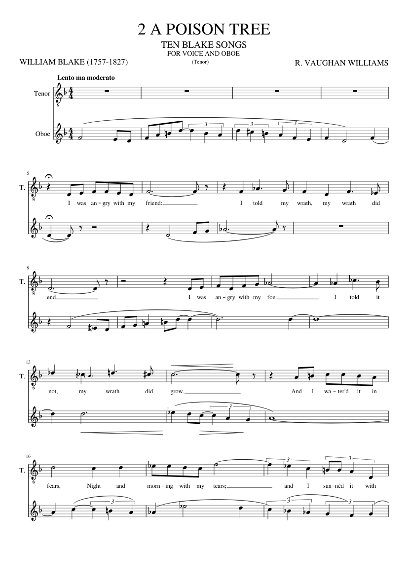2 A Poison Tree R. Vaughan Williams Sheet Music for Tenor, Oboe (Mixed ...