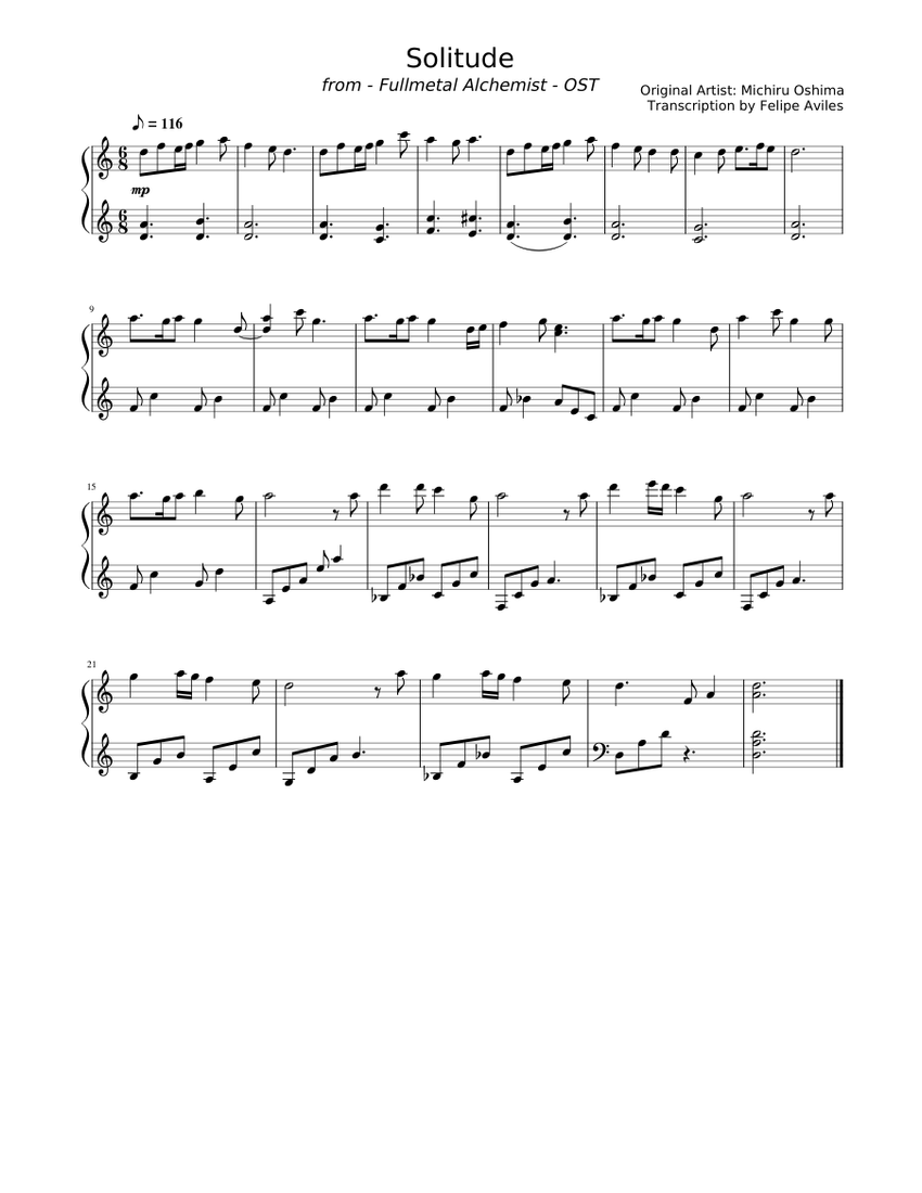 Fullmetal Alchemist OST - Solitude Sheet music for Piano (Solo) Easy | Musescore.com