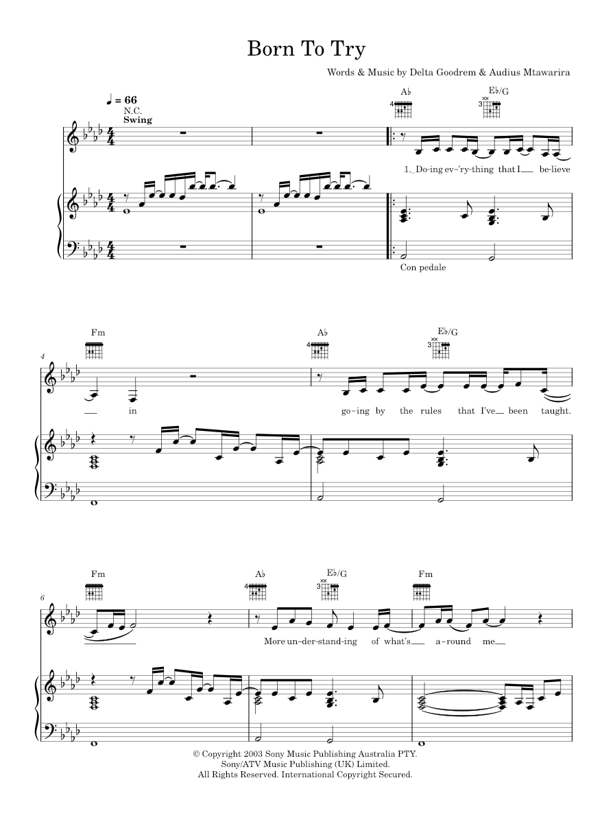Play Official version of Born to try sheet music by Delta Goodrem for ...
