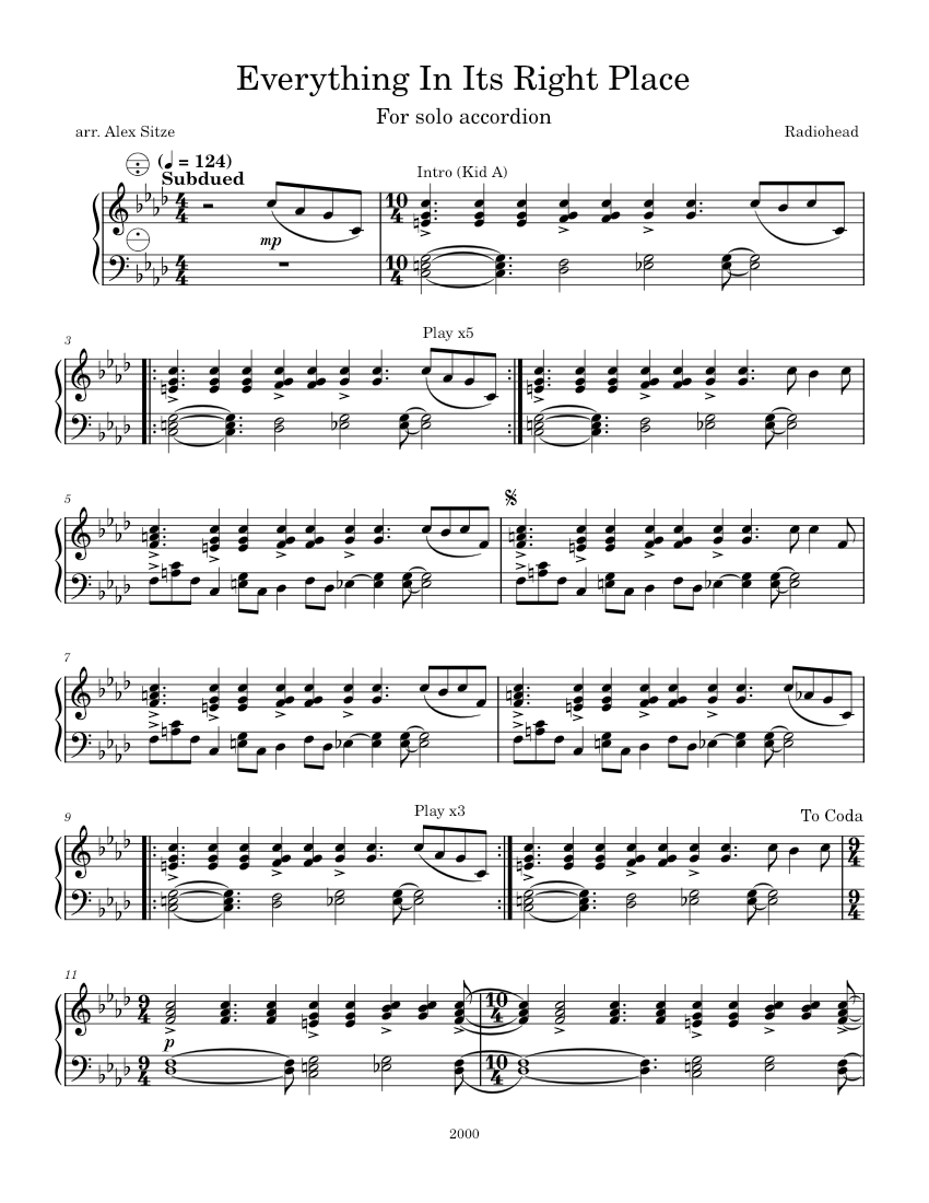 Everything In Its Right Place – Radiohead : Solo Accordion Sheet Music ...