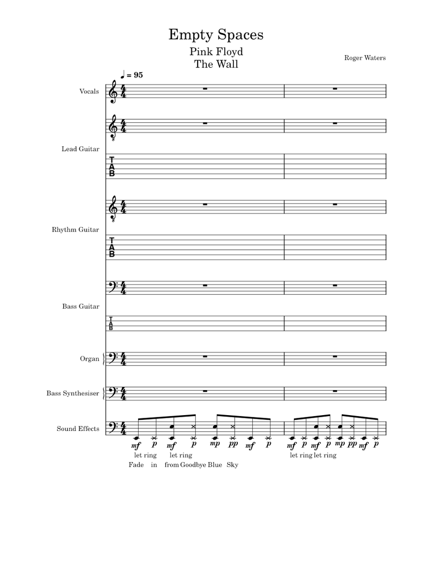 Empty Spaces – Pink Floyd Sheet music for Organ, Kazoo, Guitar, Bass ...
