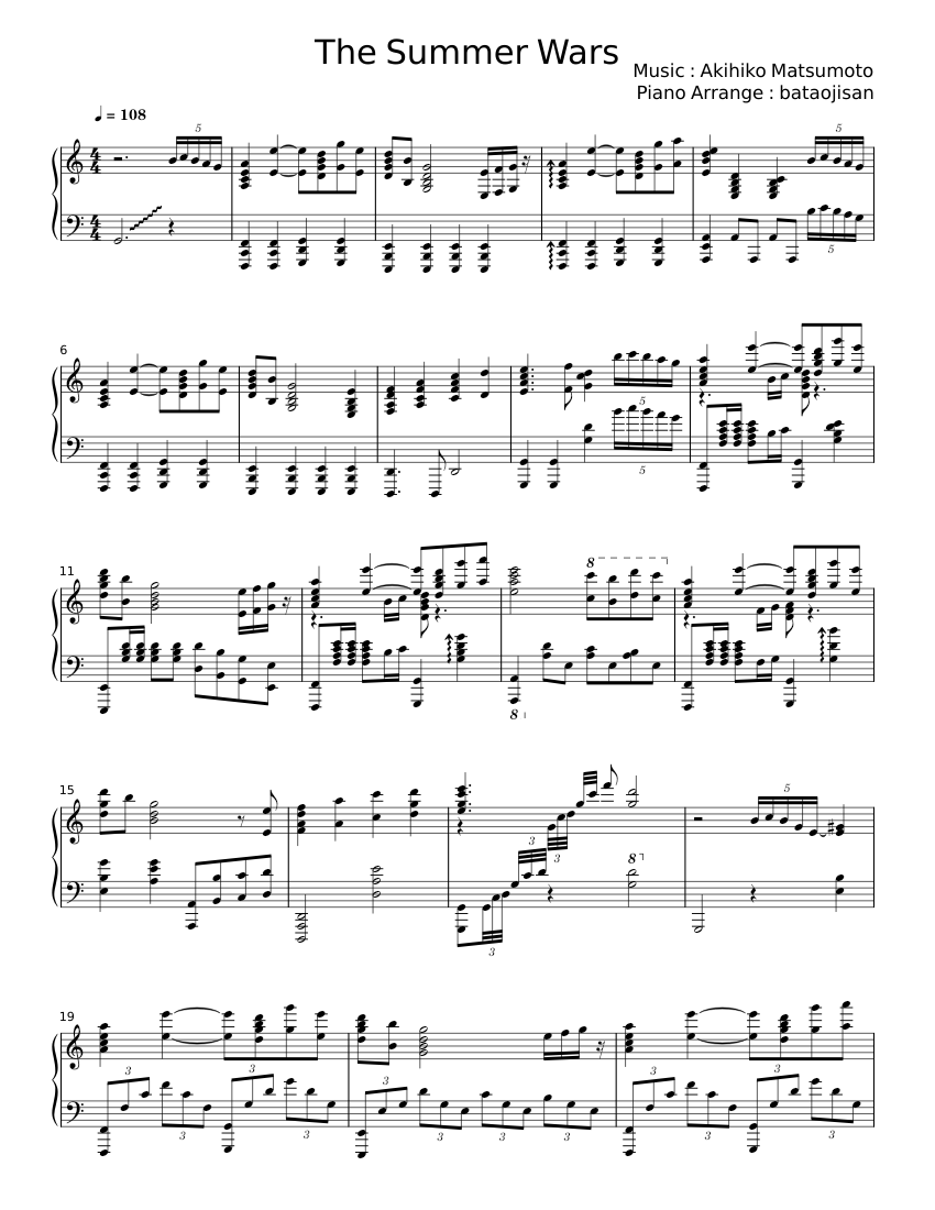 The Summer Wars - Akihiko Matsumoto Sheet Music for Piano (Solo ...
