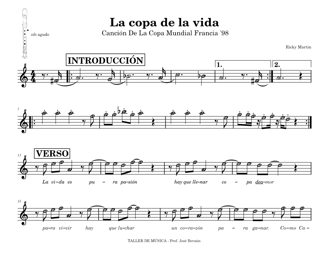 La copa de la vida – Ricky Martin (melodía flauta) Sheet music for ...