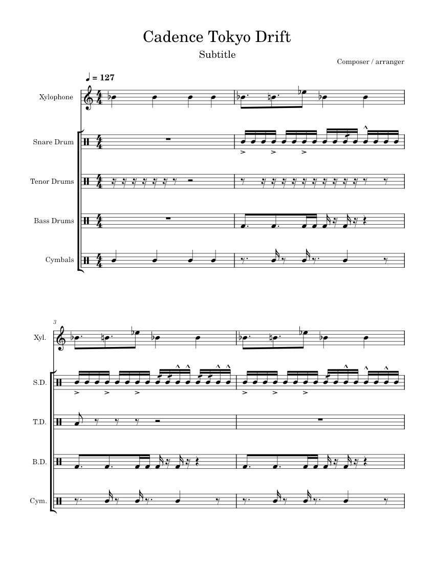 Cadence Tokyo Drift Sheet Music for Tuba, Xylophone, Synthesizer ...