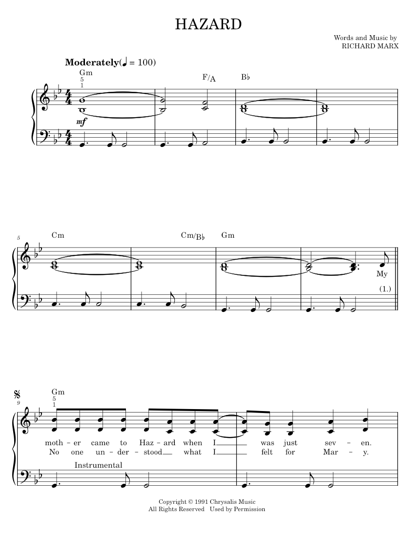 hazard Sheet music for Piano by Richard Marx Official | MuseScore.com