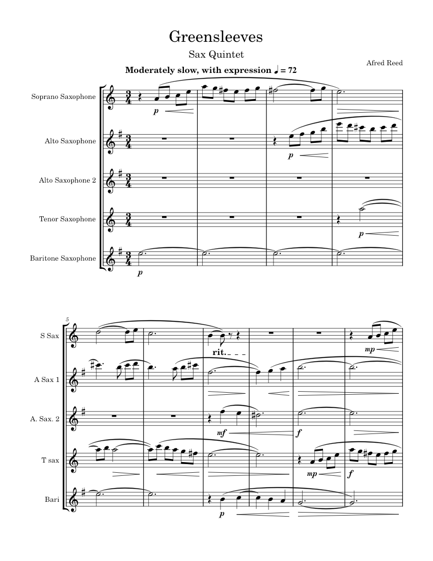 Greensleeves – Alfred Reed Greensleeves Sax Quintet Sheet music for ...