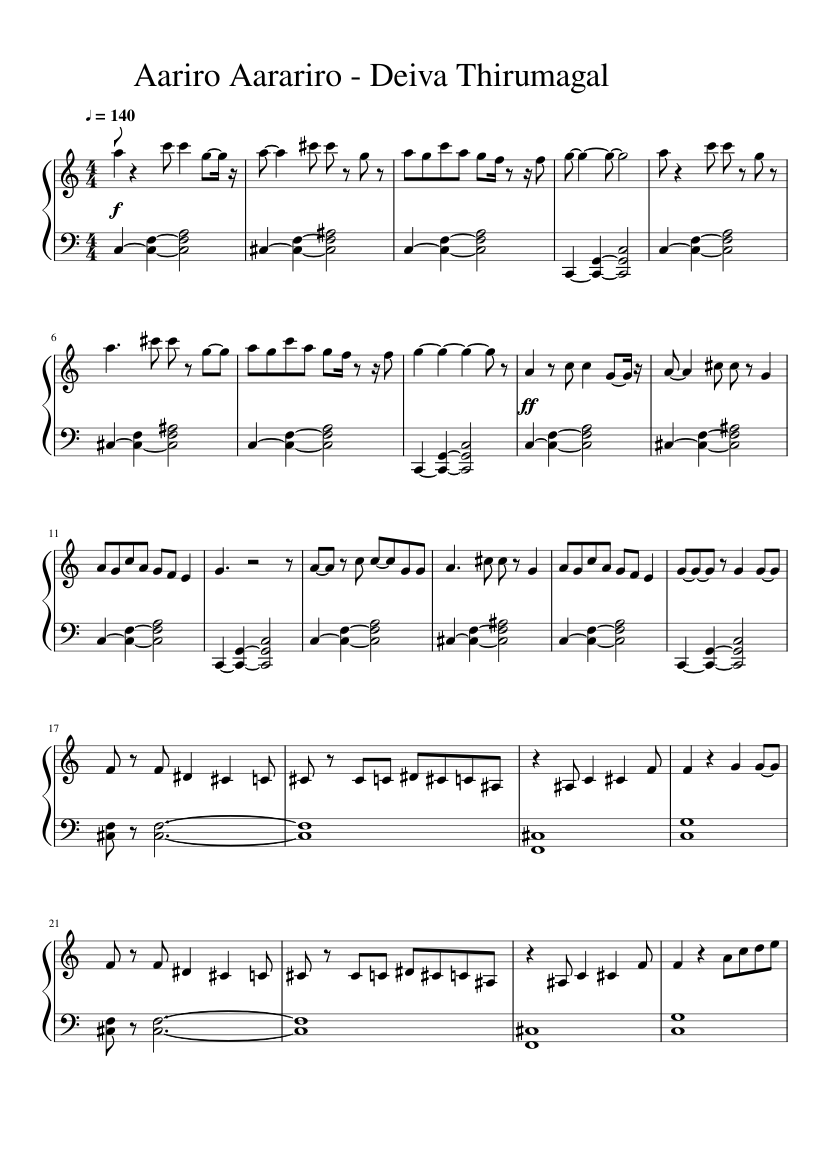 Aariro Aarariro - Deiva Thirumagal Sheet Music for Piano (Solo) Easy ...