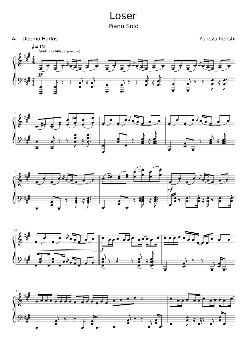 Loser - Yonezu Kenshi 米津玄師 (Piano Solo Arr. Deemo Harlos) Sheet Music ...