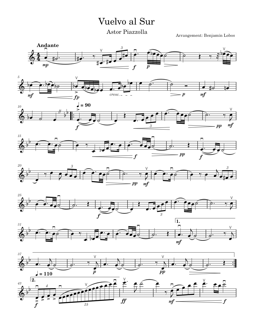 Vuelvo Al Sur – Astor Piazzolla Solo Violin arrangement Sheet Music for ...