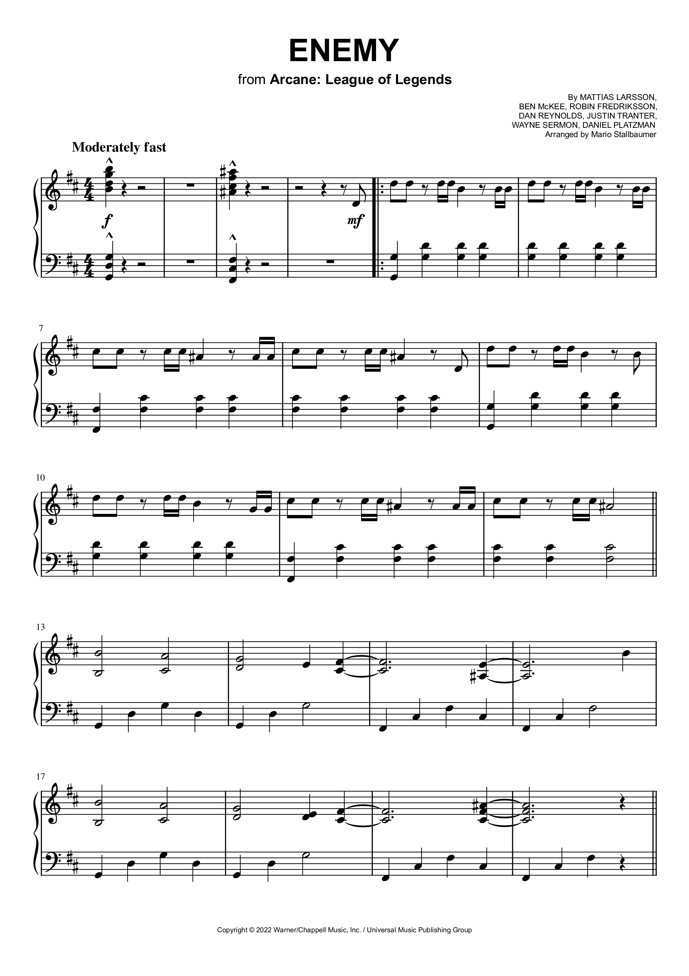 Play Official version of Enemy Sheet Music by Imagine Dragons for Piano ...