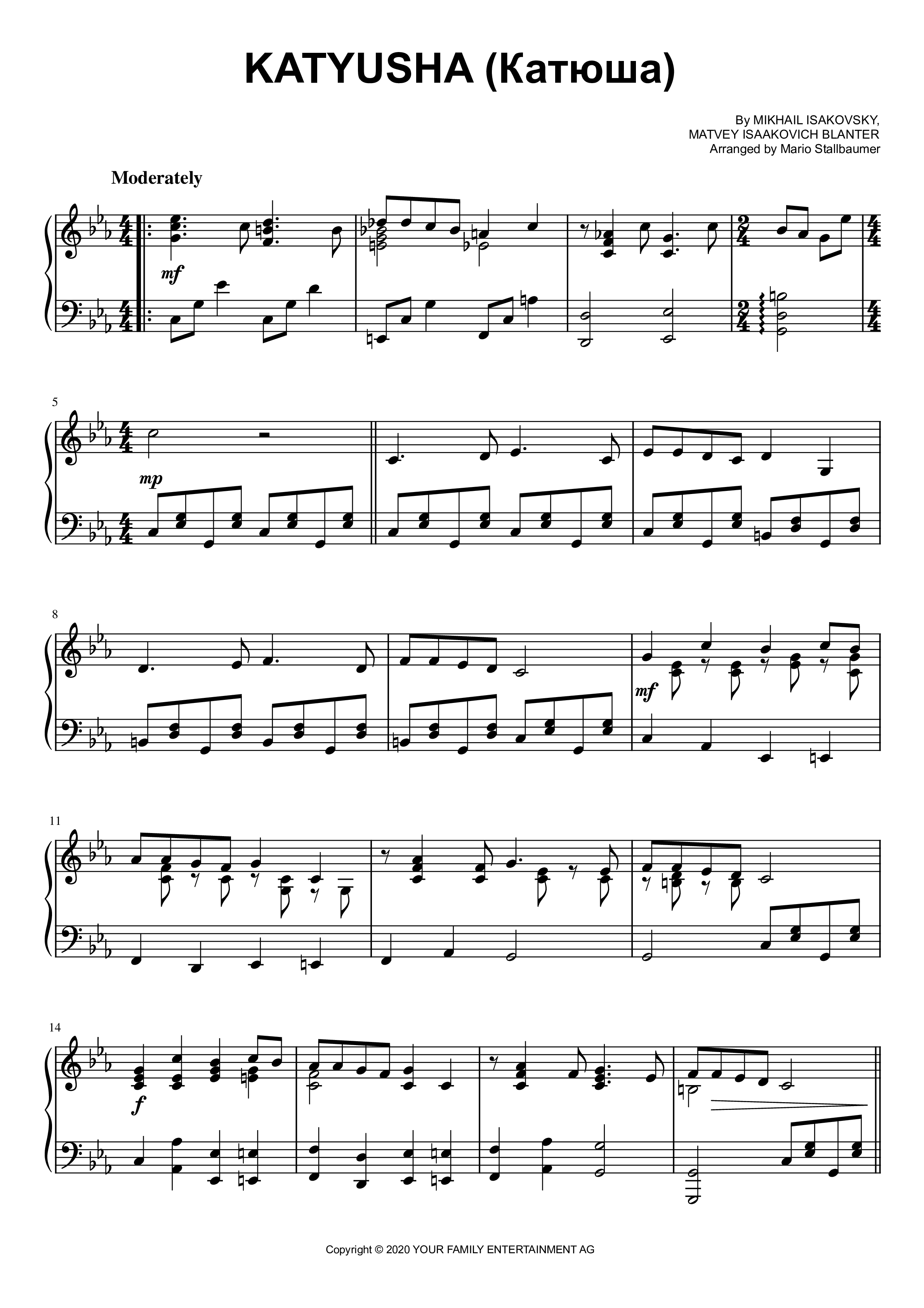 Play Official version of Katyusha Sheet Music by Russian Folk Song for Piano | MuseScore.com