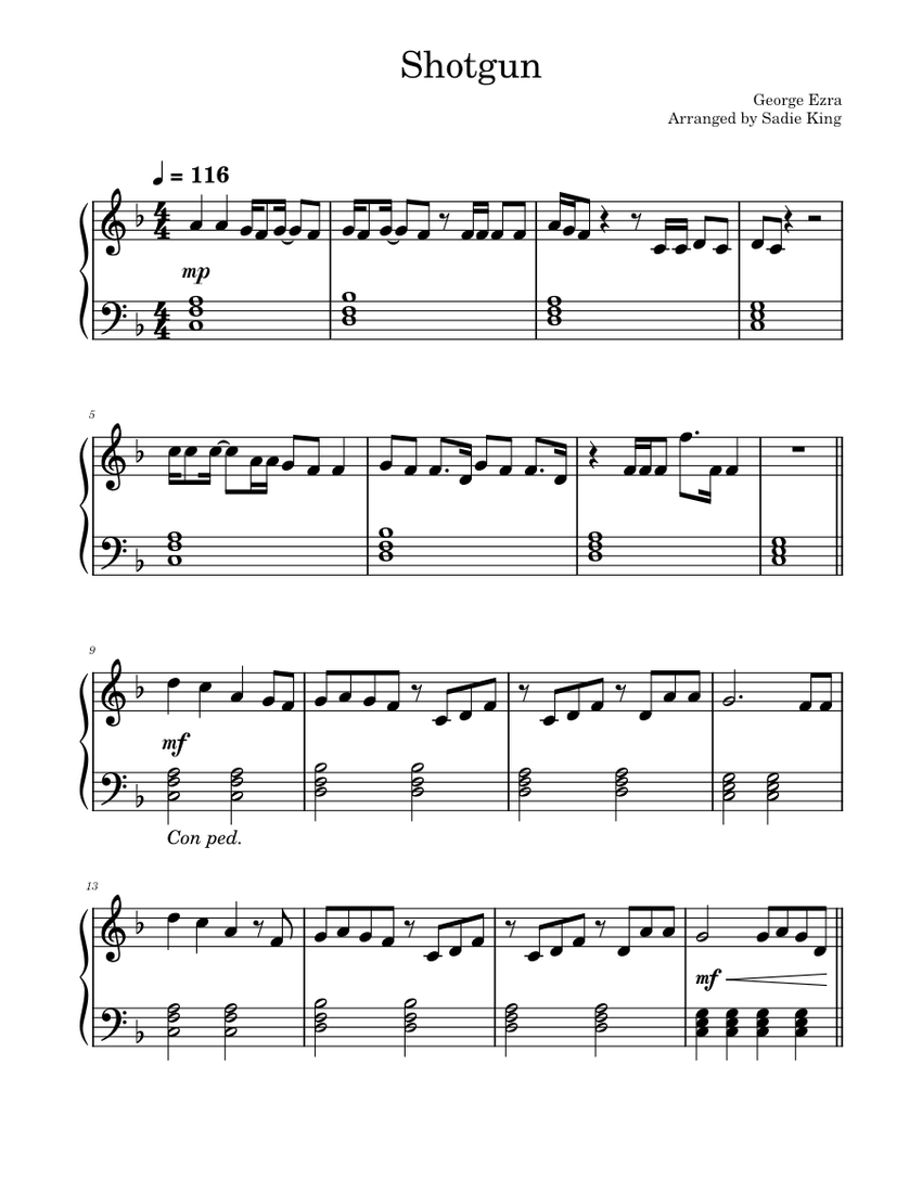 Shotgun - George Ezra - Easy Piano Sheet music for Piano (Solo ...