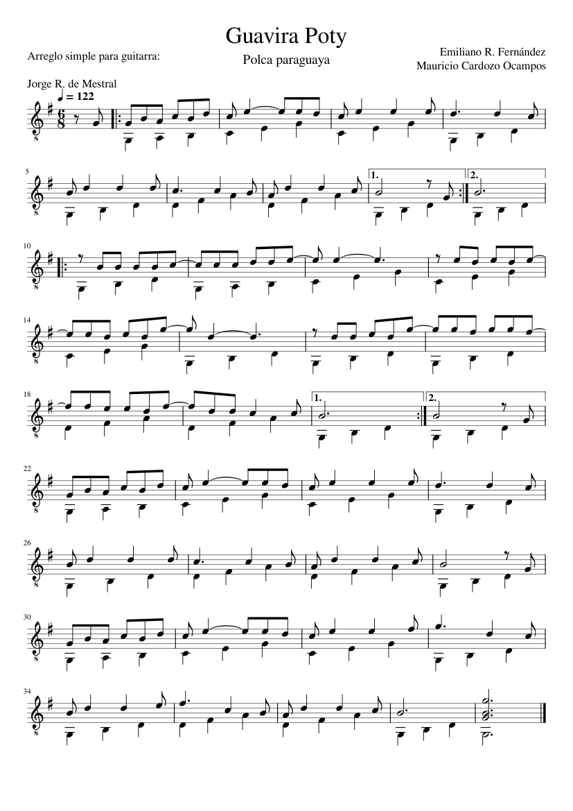 Guavira Poty Emiliano R. Fernández Mauricio Cardozo Ocampos Sheet music ...
