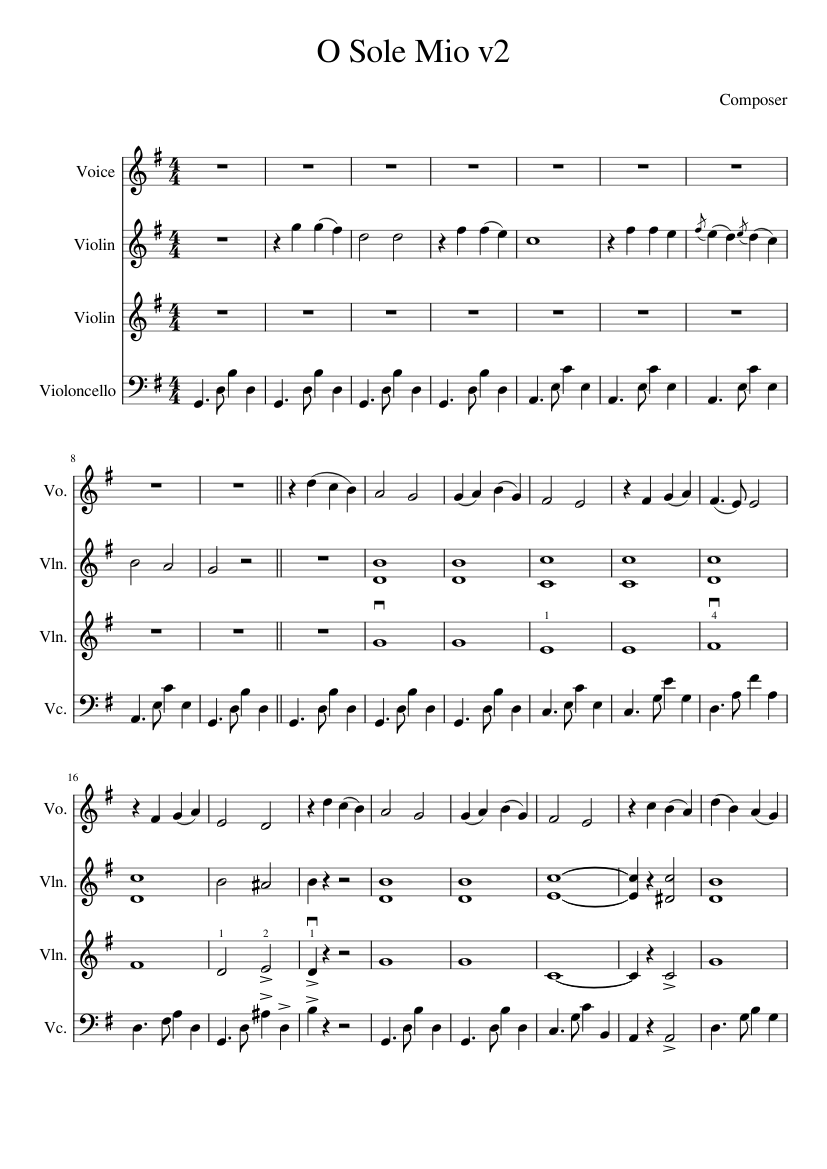 O Sole Mio Sheet music for Vocals, Violin, Cello (Mixed Quartet ...