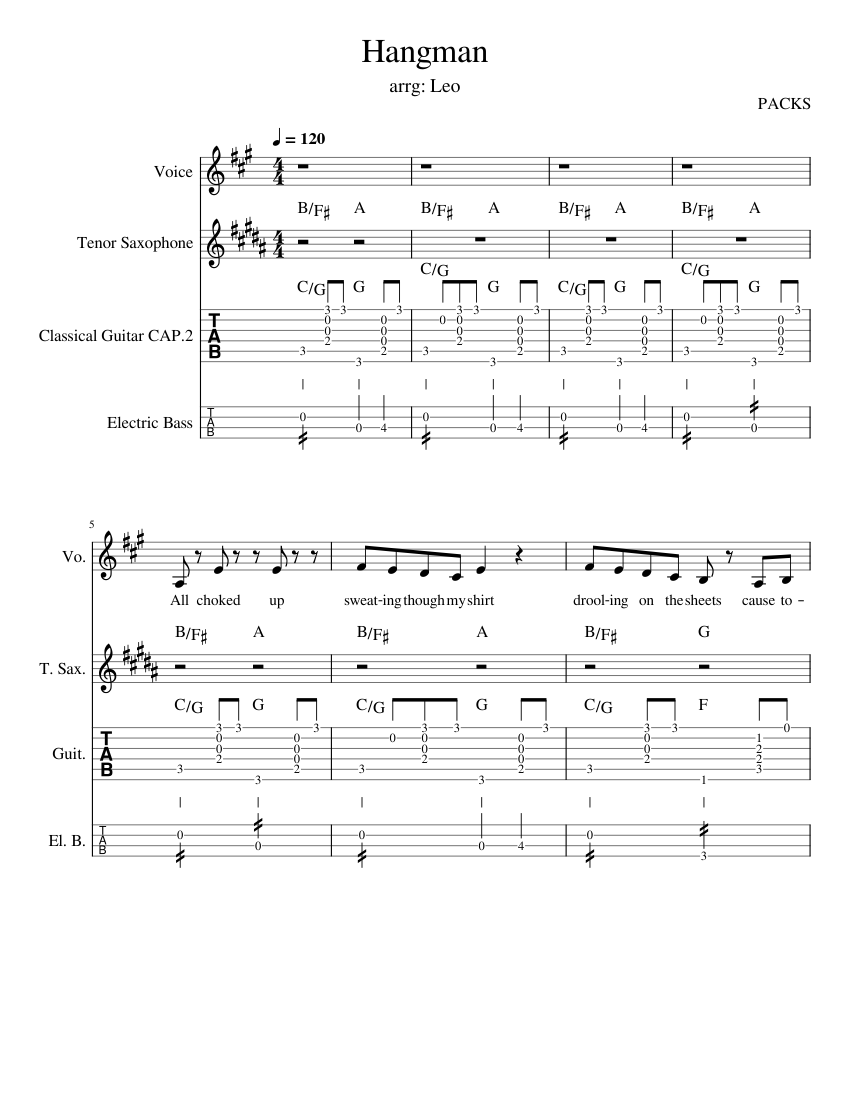 Hangman Sheet music for Vocals, Saxophone tenor, Guitar, Bass guitar (Mixed Quartet) | Musescore.com