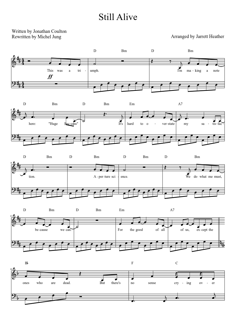 Still Alive Portal Vocal and Piano Sheet Music with Chords for Piano ...
