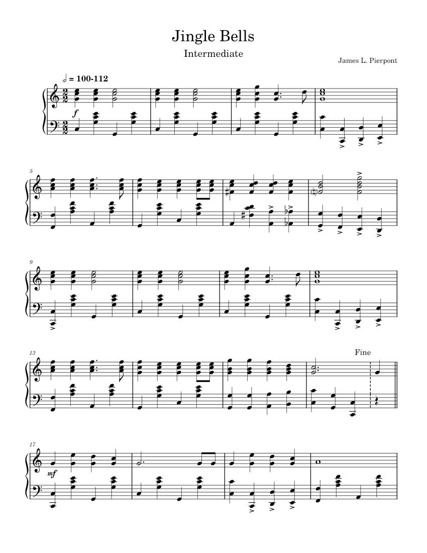 Jingle Bells in C Major (Intermediate Version) Sheet Music for Piano ...