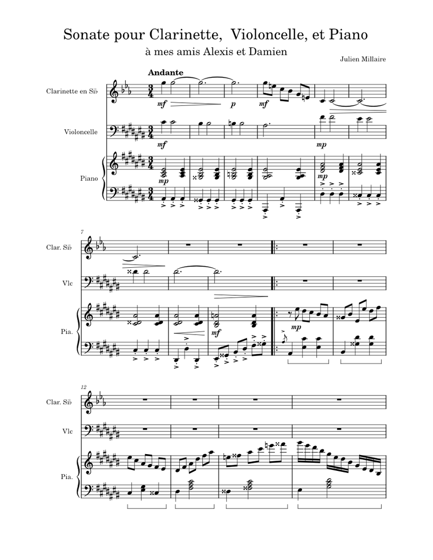 Sonate pour Clarinette, Violoncelle, et Piano Sheet music for Piano ...