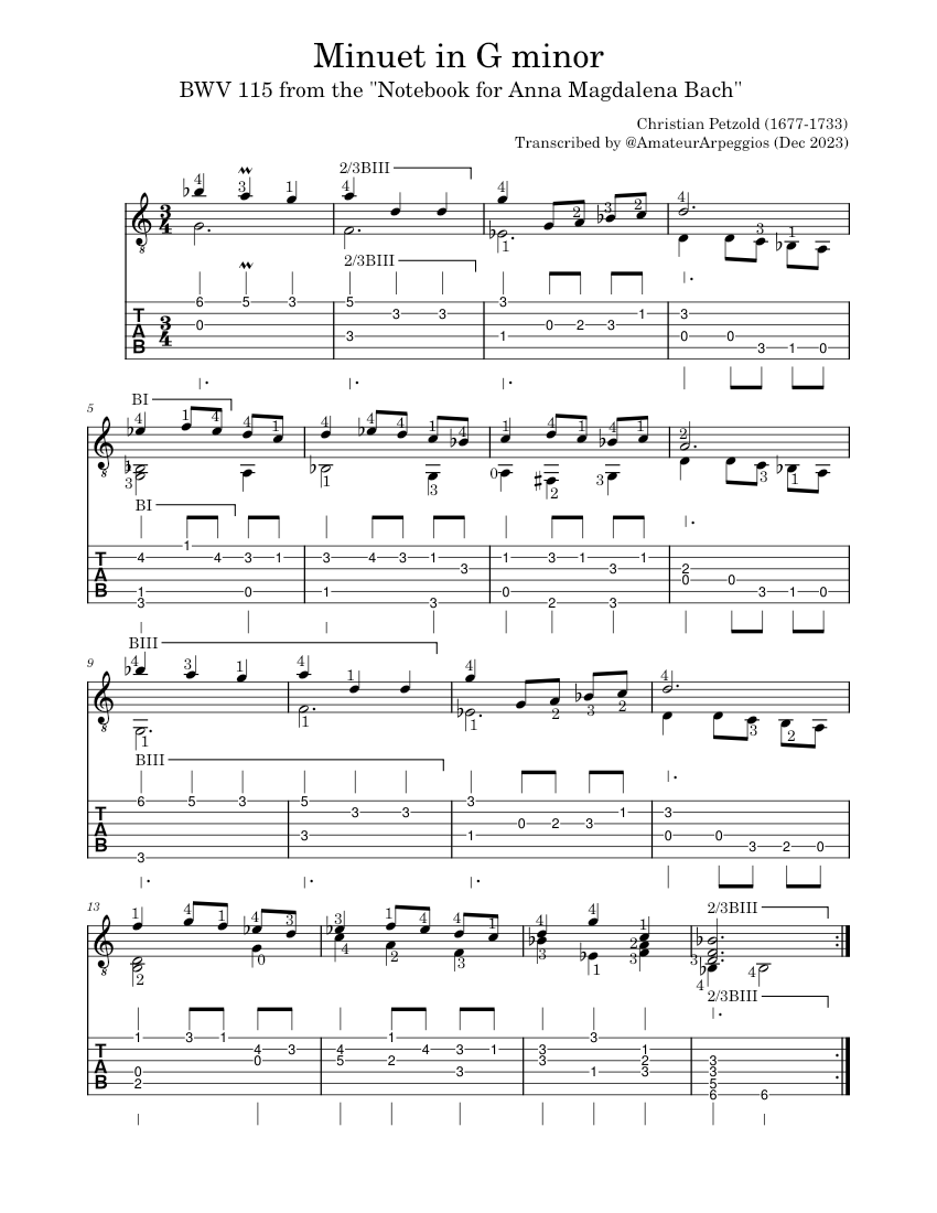 Minuet in G minor, BWV Anh.115 – Christian Pezold (Guitar + TAB) Sheet Music for Guitar (Solo ...
