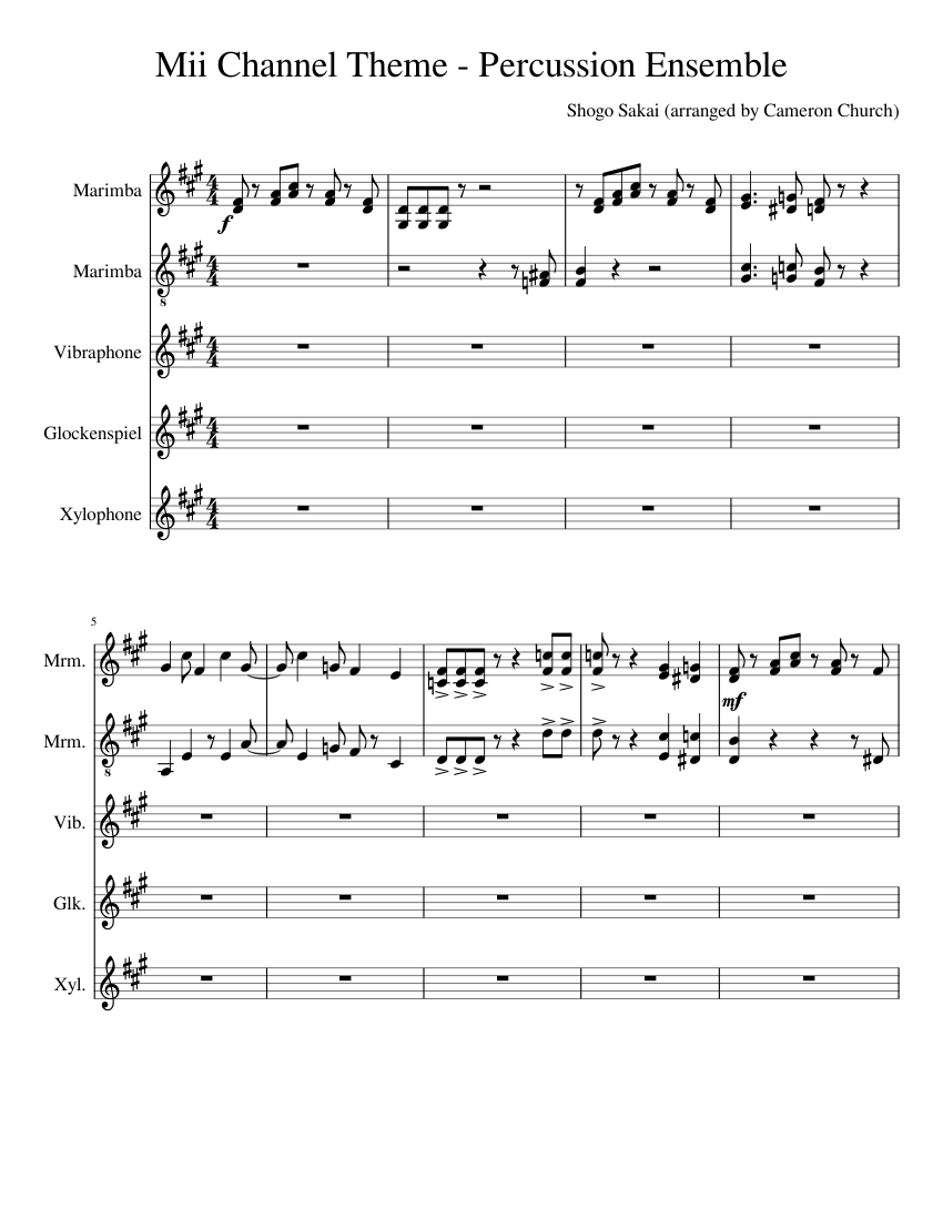 Mii Channel Theme - Percussion Ensemble Sheet Music for Vibraphone, Glockenspiel, Marimba ...