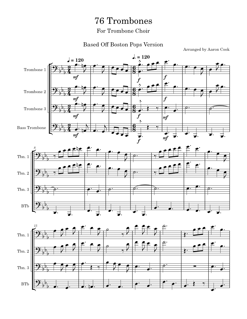 76 Trombones Sheet Music for Trombone, Tuba (Mixed Quartet) | MuseScore.com