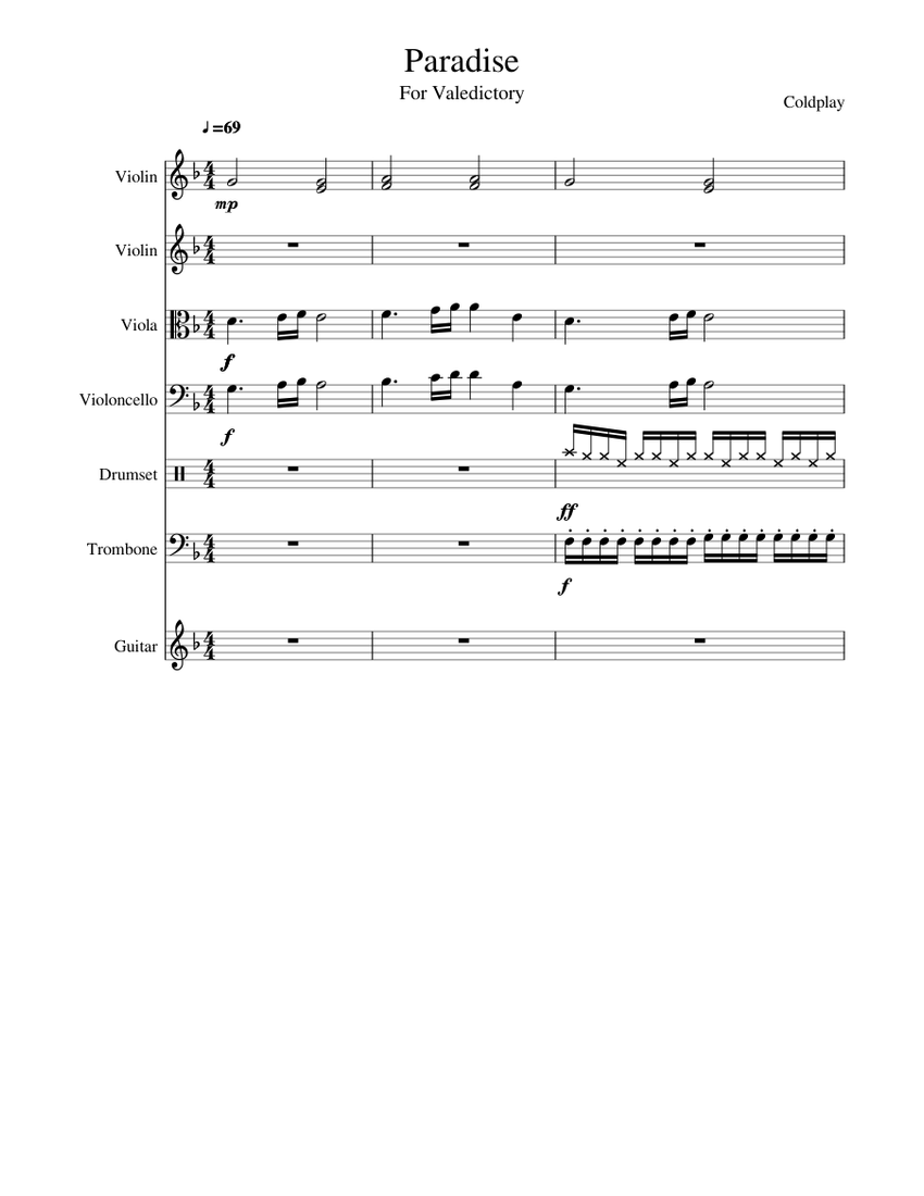 paradise Sheet music for Trombone, Violin, Viola, Cello & more ...