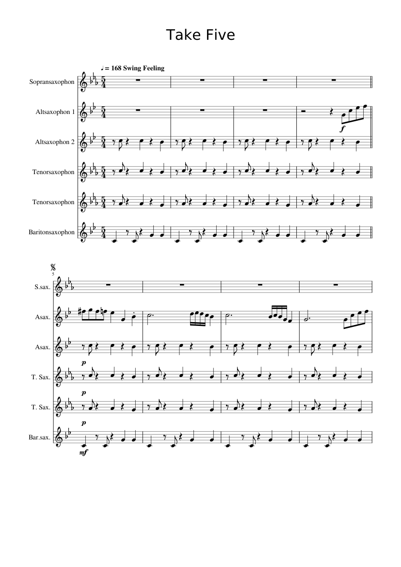 Take Five - Sax Quintet Sheet music for Saxophone tenor, Saxophone ...